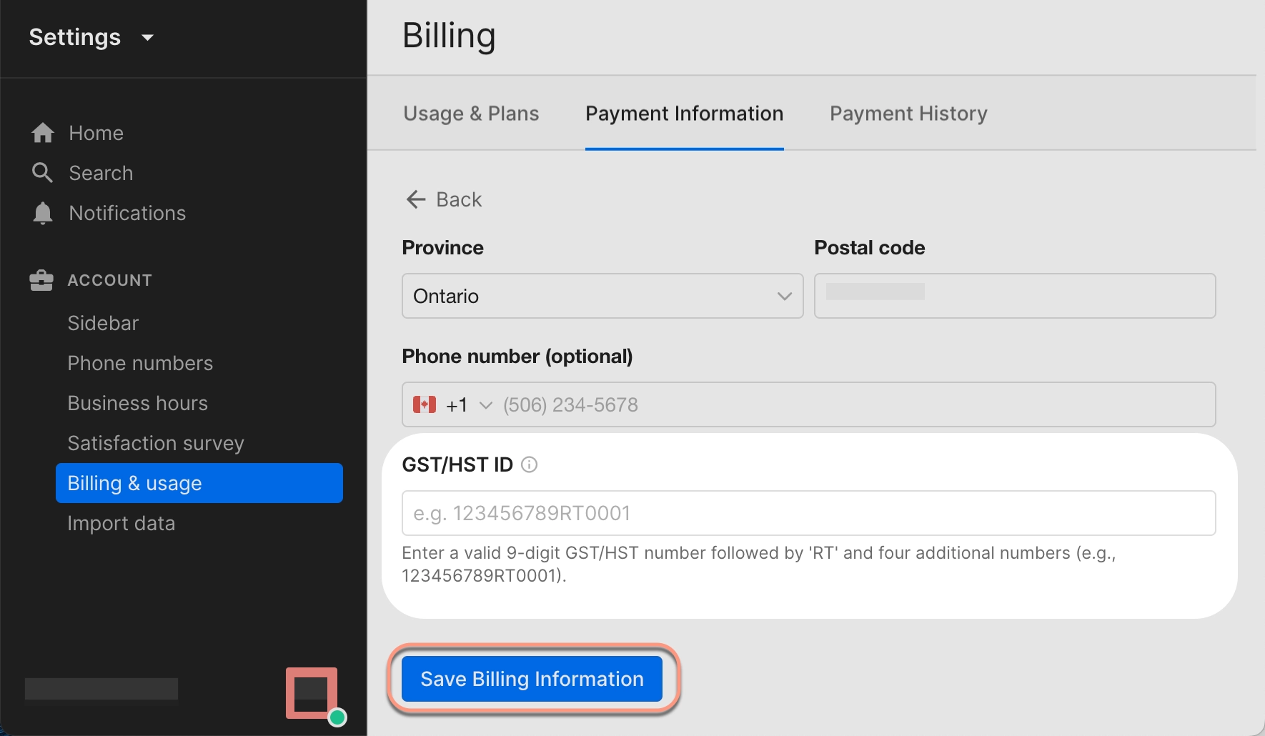 Change your billing address and tax info